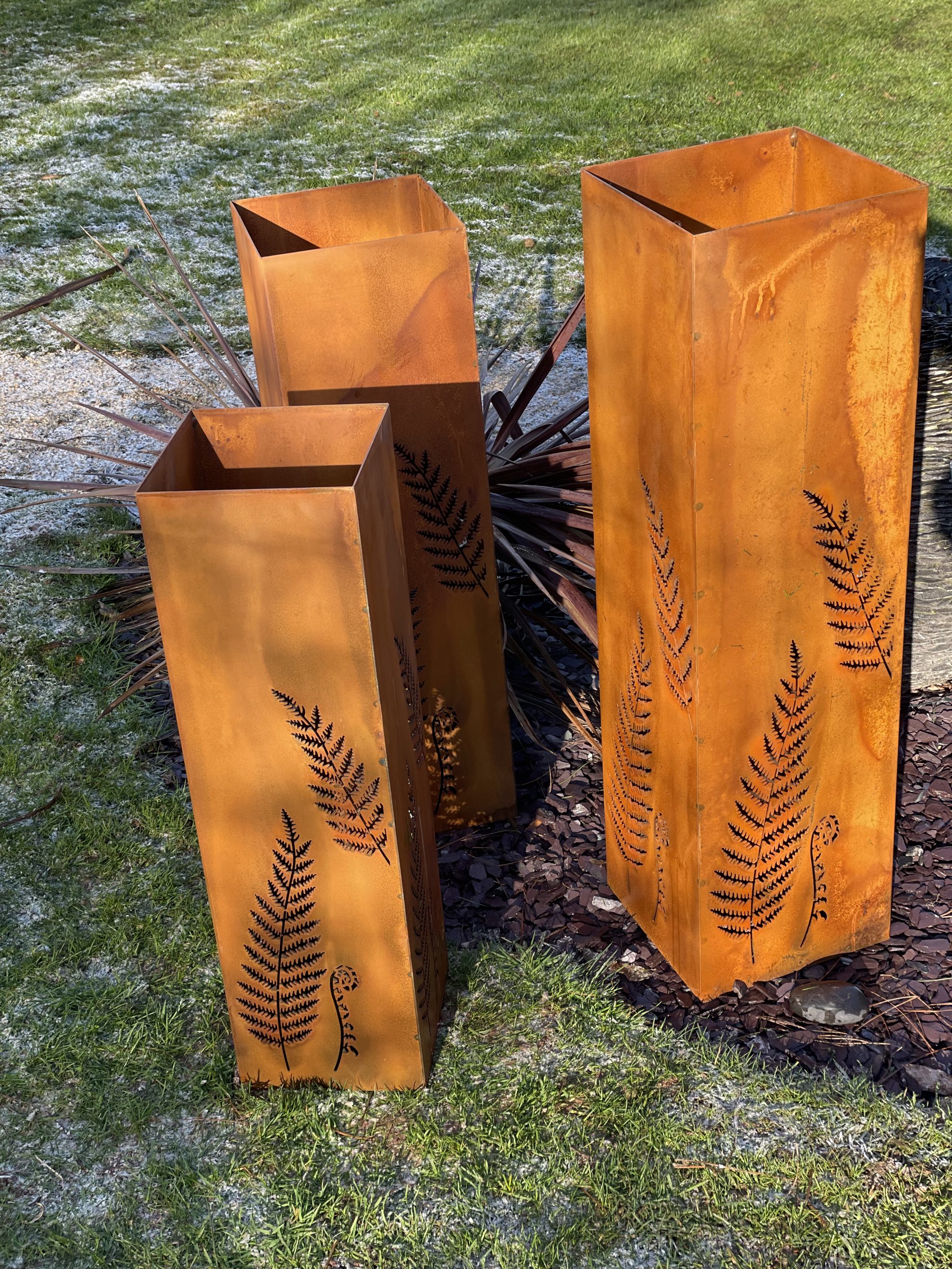 Corten Steel Fine Fern Leaf Columns | Set of 3 - Ornamental Classics