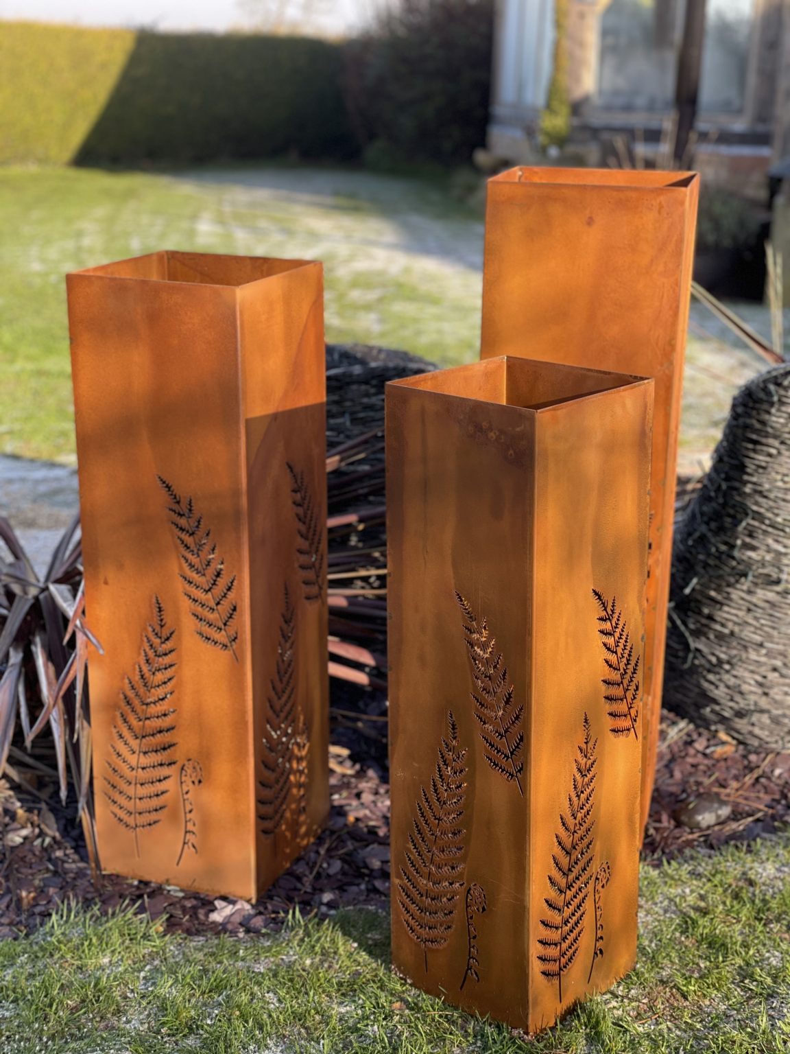 Corten Steel Fine Fern Leaf Columns | Set of 3 - Ornamental Classics