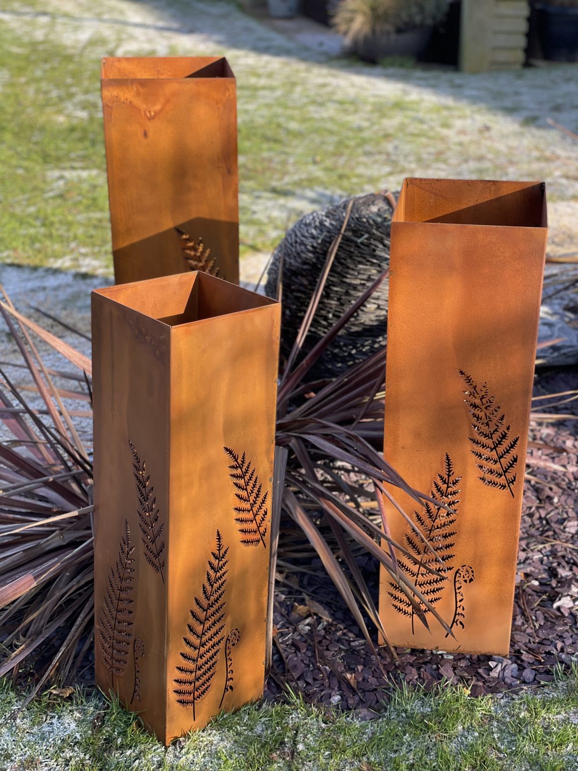Corten Steel Fine Fern Leaf Columns | Set of 3 - Ornamental Classics