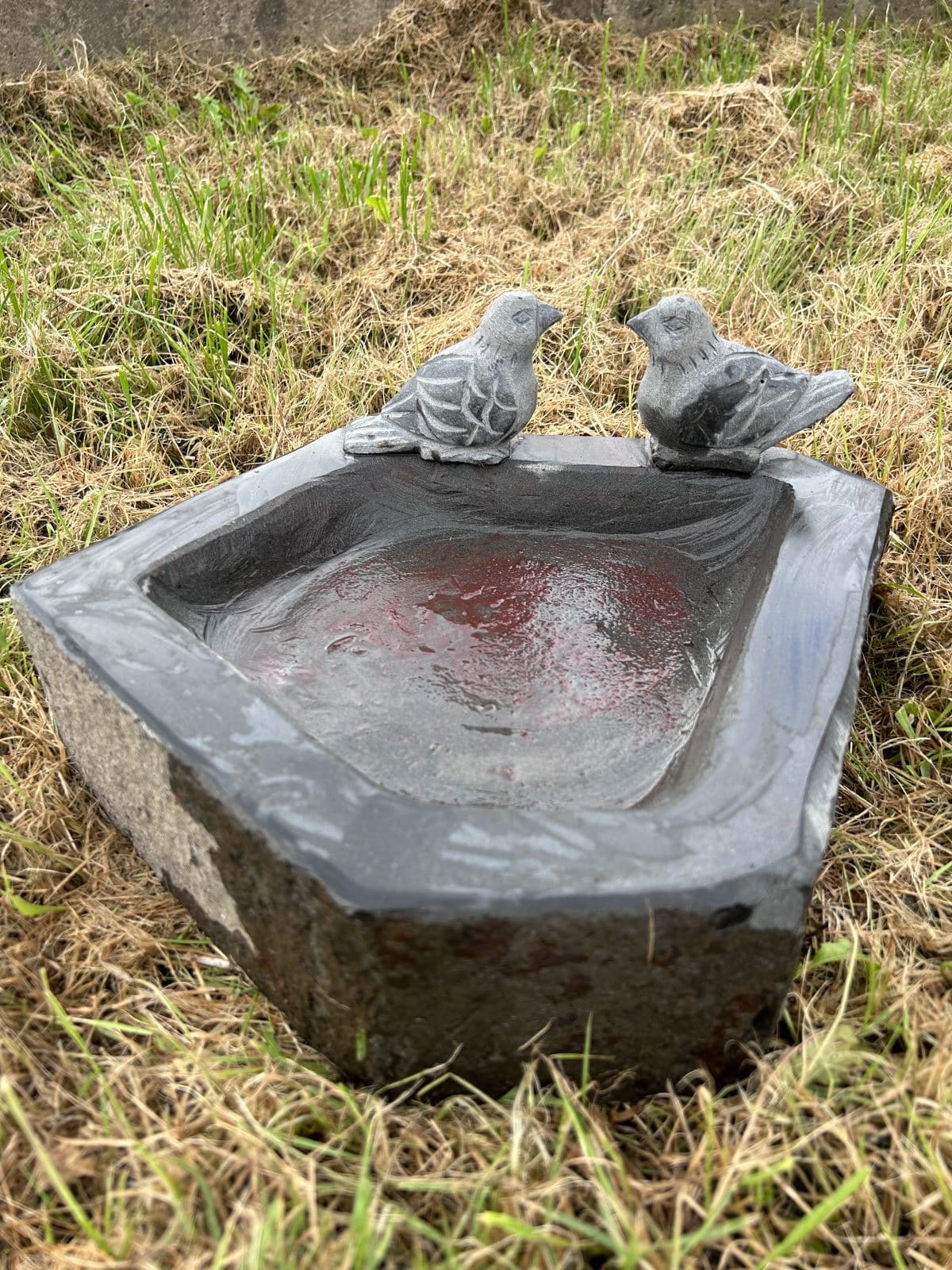 Basalt Birdbath with two birds – Ornamental Classics