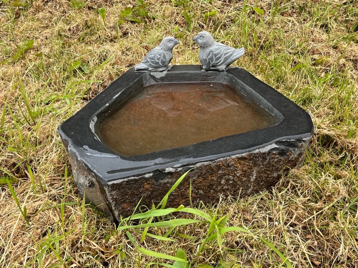 Basalt Birdbath with two birds - Ornamental Classics